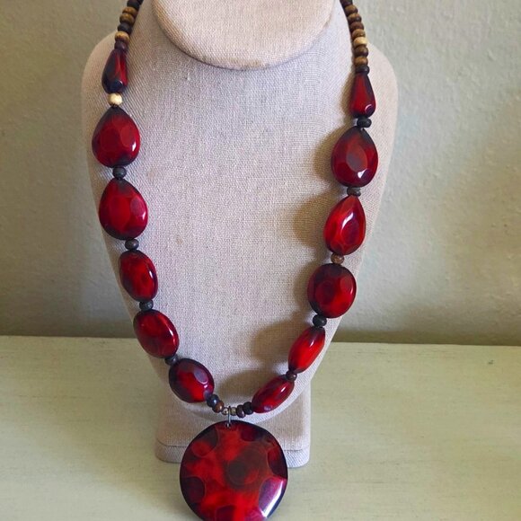 Jewelry | Vintage Red Color Beautiful Wooden Necklace 24 Long | Poshmark